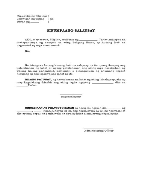 Sinumpaang Salaysay Template Pdf