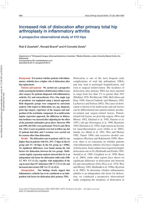 Pdf Increased Risk Of Dislocation After Primary Total Hip Arthroplasty In Inflammatory