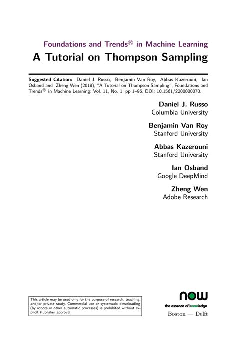 A Tutorial On Thompson Sampling Foundations And Trends ©r In Machine