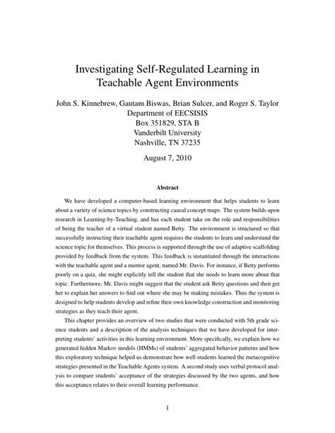 Pdf Investigating Self Regulated Learning In Teachable Agent Environments