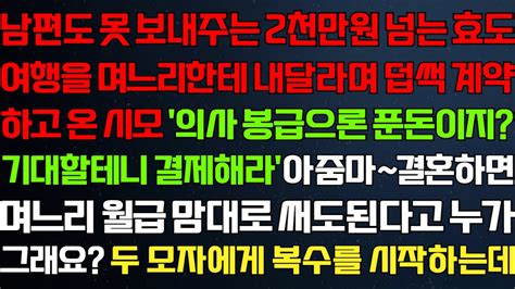 반전 신청사연 남편도 못보낸 효도여행을 며느리한테 내라는 시모 결혼하면 며느리 월급 써도된다고 누가 그래요 참교육하는데라디오드라마사연실화사연의 품격썰 Youtube
