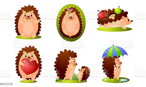 다른 상황에서 귀여운 행복 한 숲 고슴도치의 집합입니다 평면 만화 스타일의 벡터 일러스트레이션입니다 고슴도치에 대한 스톡 벡터 아트 및 기타 이미지 Istock