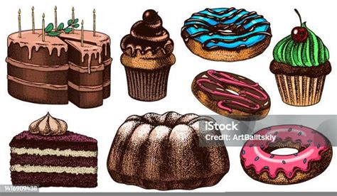 케이크와 크림 타르트 과일 디저트 및 머핀 초콜릿 도넛 달콤한 음식 손으로 그린 패스트리 빈티지 새겨진 스케치 카페와 레스토랑의 배너 또는 메뉴에 대한 벡터