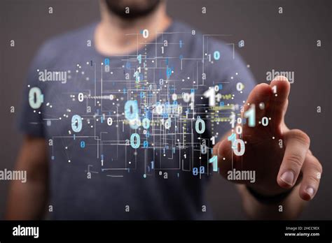 closeup of the hand touching the virtual model of the web with binary