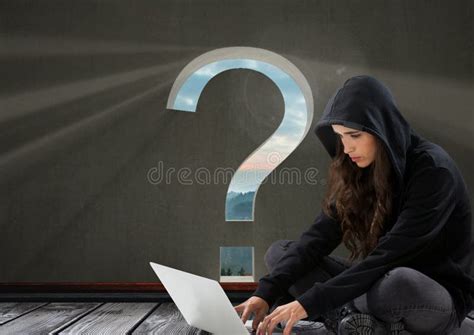 Woman Hacker Using A Laptop In A Room With Question Mark On It Stock Image Image Of Empty