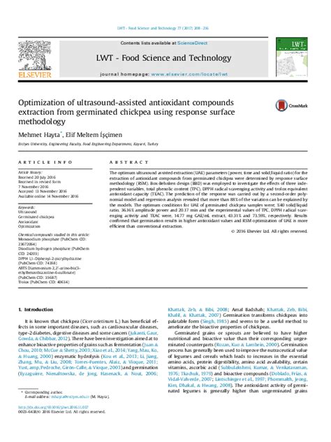 Pdf Optimization Of Ultrasound Assisted Antioxidant Compounds Extraction From Germinated