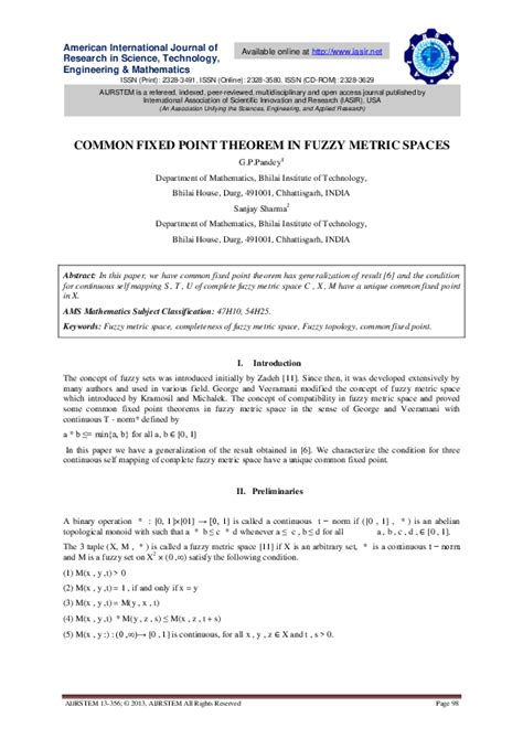 Pdf Common Fixed Point Theorem In Fuzzy Metric Spaces