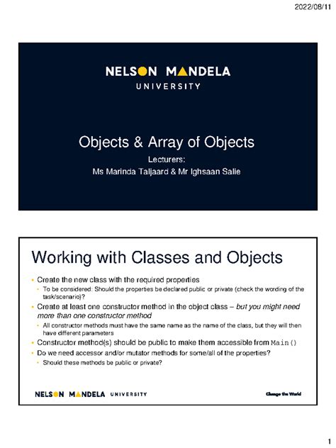 Lecture 03 Array Of Objects Objects And Array Of Objects Lecturers Ms Marinda Taljaard