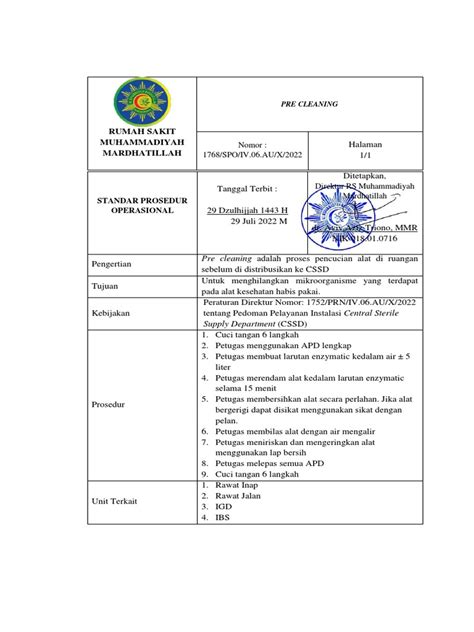 Sop Cssd Pre Cleaning Pdf