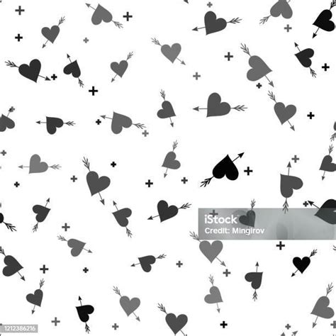 흰색 배경에 심장과 화살표 아이콘 고립 원활한 패턴검은 Amour 기호 사랑 기호 발렌타인 기호입니다 벡터 일러스트레이션 연속무늬에 대한 스톡 벡터 아트 및 기타 이미지