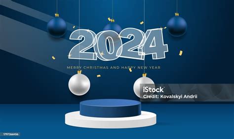 2024 새해 복 많이 받으세요 사실적인 3d 연단 룸 축하 파티 2024 크리스마스 공 로드 파티 개념 크리스마스 포스터 배너 표지 카드 브로셔 전단지 디자인 벡터