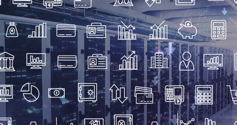 Image Of Interface With Digital Icons And Mosaic Squares Against Computer Server Room Stock