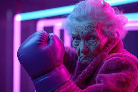 여성의 날 축하 행사를 위해 보라색 권투 장갑을 입은 고위 여성의 모습 Ai 생성 이미지