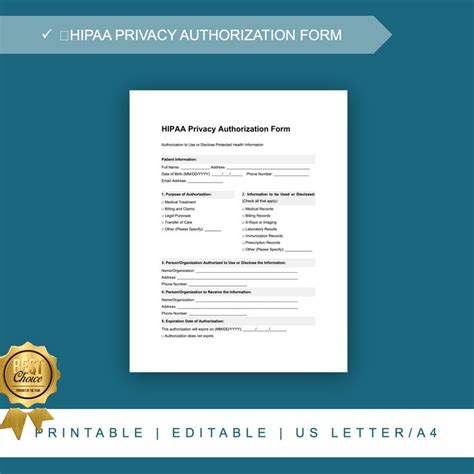 Editable Hipaa Privacy Authorization Form Printable Medical Release Template Hipaa Compliant