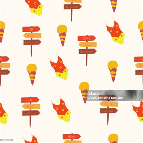 Beach Icons Pattern 아이스크림 수영복 해변 호텔 레스토랑으로 이어지는 표지판 등 여름 휴가 요소가 있는 완벽한 패턴입니다 갈색에 대한 스톡 벡터 아트 및