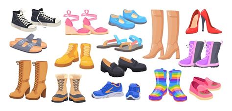 만화 다른 신발 캐주얼 부츠 패션 포멀 신발 여성 남자 발 또는 아이 유치한 신발 우아한 발 뒤꿈치 부츠 세련된 운동화 비치 샌들 깔끔한 벡터 일러스트 레이 션 가죽에 대한