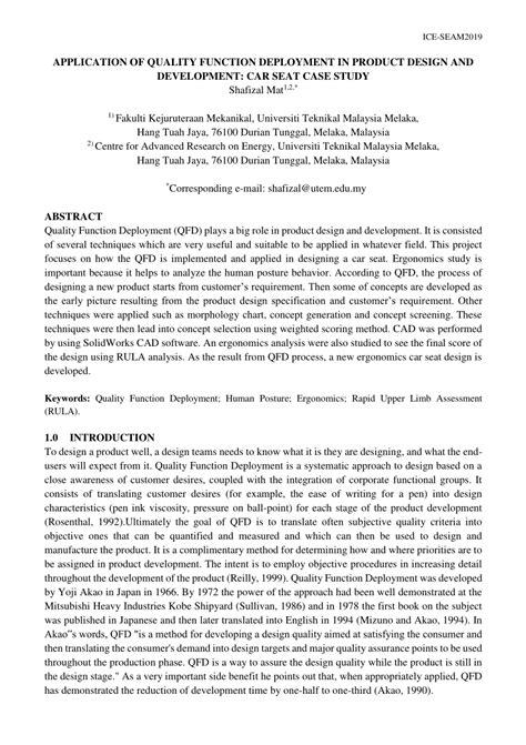 Pdf Application Of Quality Function Deployment In Product Design And Development Car Seat