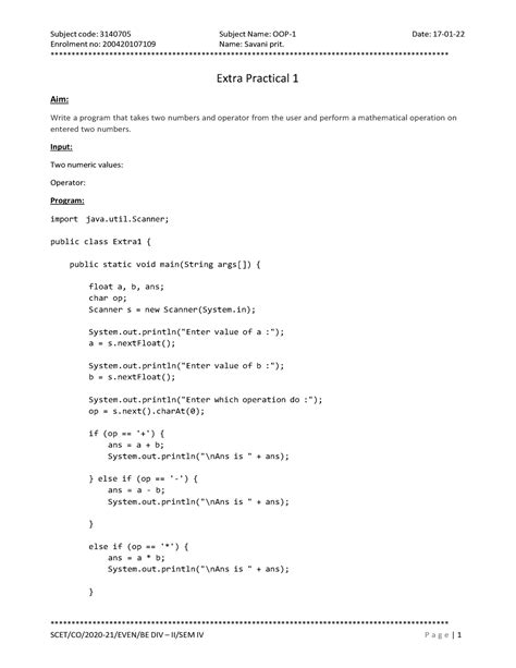 Object Oriented Extrapractical 1 Subject Code 3140705 Enrolment No 200420107109 Subject Name