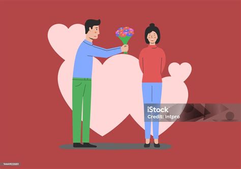 사랑 이야기 남자는 여자에게 꽃다발을 주며 제안을합니다 낭만적 인 관계 사랑에 빠진 남자와 여자는 발렌타인 데이에 야외 데이트 로맨스를 가지고 있습니다 만화 플랫 스타일