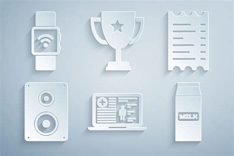 의료 임상 기록 종이 재정 수표 스테레오 스피커 우유 패키지 트로피 컵 및 무선 아이콘이 있는 스마트워치를 설정합니다 벡터 1위에 대한 스톡 벡터 아트 및 기타 이미지