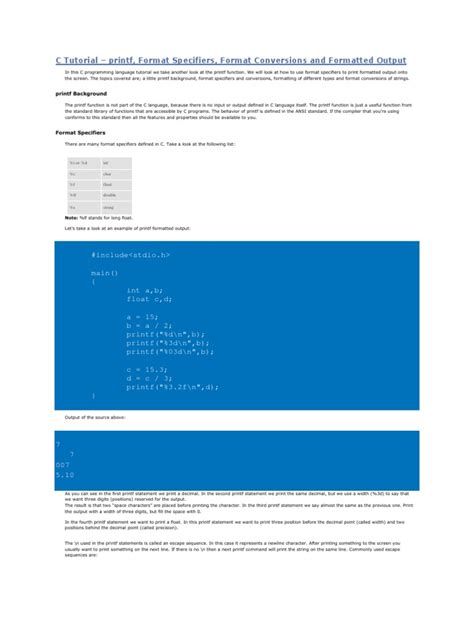 Printf Format Specifier Pdf C Programming Language String Computer Science