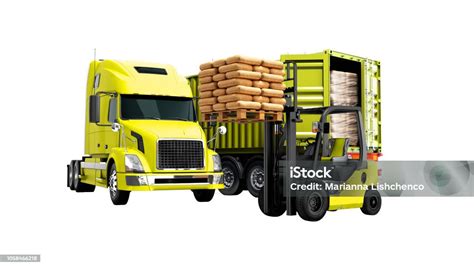 건축 자재와 트레일러를 가진 트럭에서 노란색에서 언로드 화물의 현대 개념 및 팔레트와 오렌지 지게차 절연 흰색 배경에서 3d