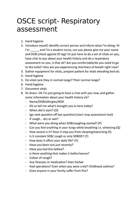 Osce Script Respiratory Assessment Osce Respiratory Assessment 1 Hand Hygiene 2 Introduce