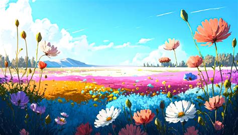 Colorful Blooming Flower Field With Warm Sunlight And Blue Sky Nature
