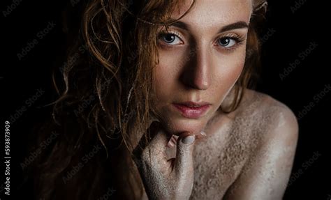 Fine Art Portrait The Womans Naked Wet Body Is Covered With A Thin