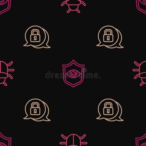 Set Line System Bug Cyber Security And Shield And Eye On Seamless Pattern Vector Stock
