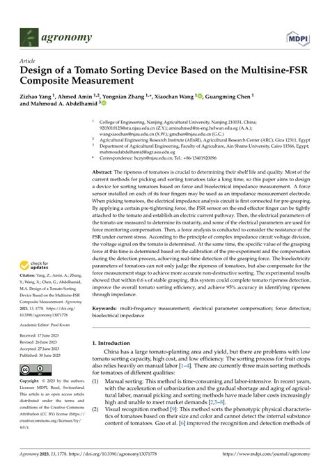 PDF Design Of A Tomato Sorting Device Based On The Multisine FSR