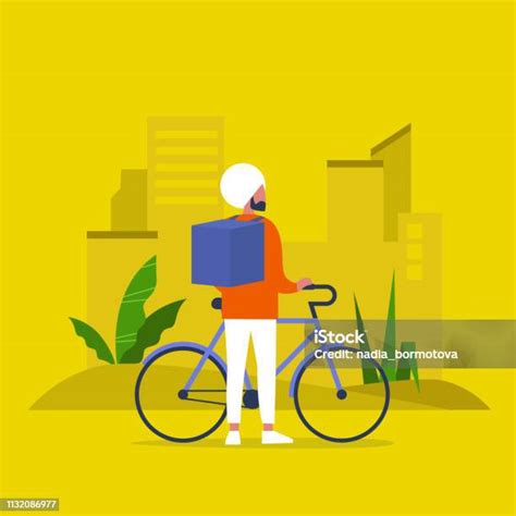 음식 배달 서비스 자전거를 타고 큰 배낭 젊은 인도 택배 플랫 편집 가능한 벡터 일러스트 클립 아트 자전거 타기에 대한 스톡