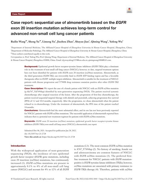 Pdf Case Report Sequential Use Of Almonertinib Based On The Egfr Exon 20 Insertion Mutation