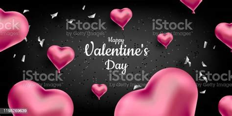 발렌타인 데이 현실적인 3d 마음과 색종이달콤한 귀여운 검은 배경 배너 카드에 대한 벡터 그림입니다 결혼식 초대장 어머니의 날 0명에 대한 스톡 벡터 아트 및 기타 이미지