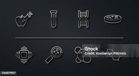 유전자 변형 사과 프로세서 Cpu 박테리아와 페트리 접시 분자 돋보기 아래의 미생물 시험관 화학식 및 Dna 기호 아이콘을 설정합니다 벡터 Cpu에 대한 스톡 벡터 아트 및