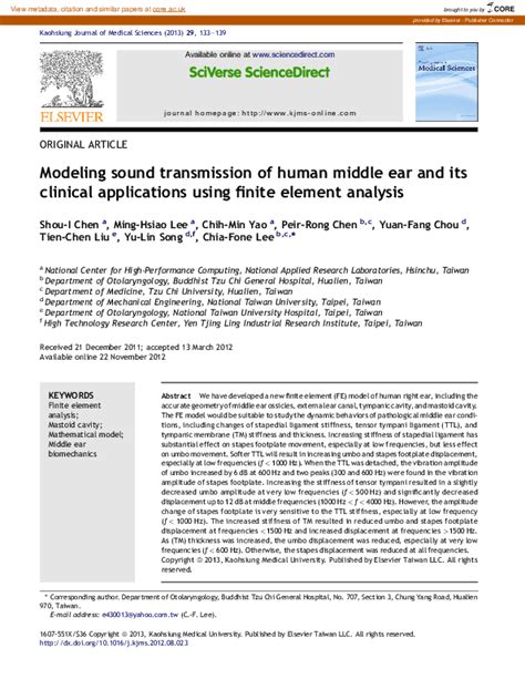 Pdf Modeling Sound Transmission Of Human Middle Ear And Its Clinical Applications Using Finite