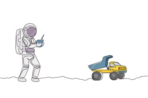 Premium Vector One Continuous Line Drawing Astronaut Playing Dump Truck Radio Control In Moon