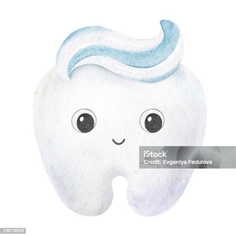 치약을 사용한 귀여운 아기 치아 구강 위생 고립 된 손으로 그린 수채화 어린이 그림 소아 치과 홍보를위한 재미있는 캐릭터 치과 건강 관리의 제품 0명에 대한 스톡 벡터 아트