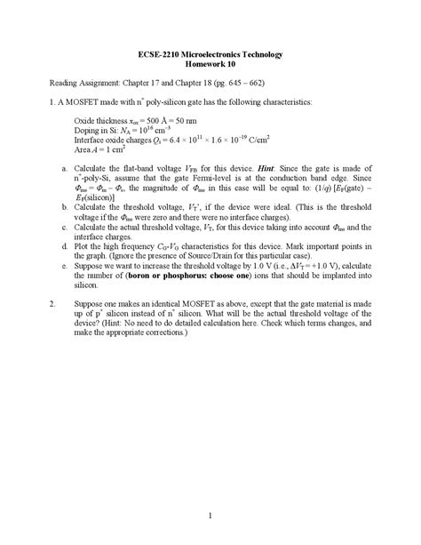 Sample Questions For Assignment 10 Microelectronics Technology Ecse