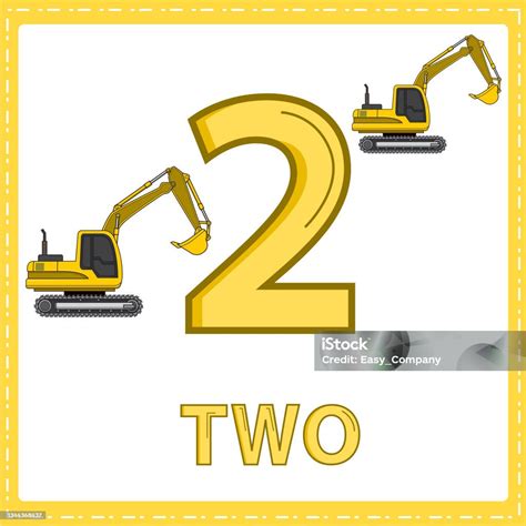 어린 아이들을위한 수치 교육에 대한 그림 어린이는 차량 카테고리의 그림과 같이 2 개의 굴삭기로 숫자 2를 계산하는 법을 배웠습니다 건설 산업에 대한 스톡 벡터 아트 및