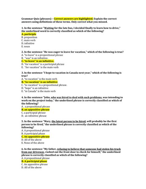 grammar quiz phrases correct answers are highlighted — db