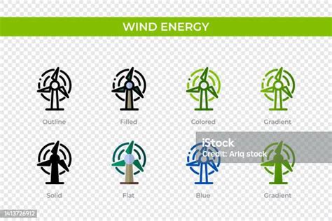다른 스타일의 풍력 에너지 아이콘 바람 에너지 벡터 아이콘은 윤곽선 단색 색상 채우기 그라디언트 및 평면 스타일로 설계되었습니다 기호 로고 일러스트레이션 벡터 일러스트 레이