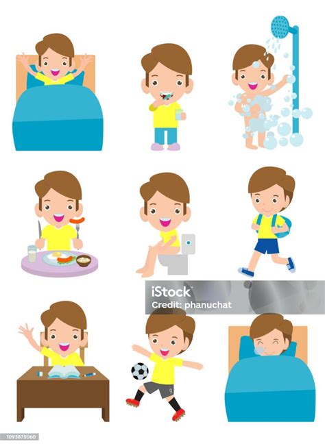 귀여운 소년 아이 들을 위한 루틴 어린이의 일상 작은 아이 일상 활동 흰색 바탕에 귀여운 아이 들 벡터 일러스트 레이 션과 설정 하는 일상으로 아이 들을 위한 매일 일상적인