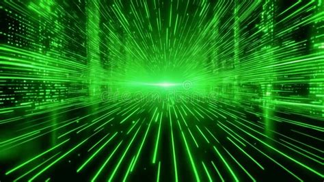 futuristic green digital data stream lines converging towards a bright