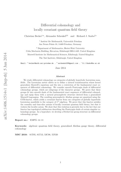Pdf Differential Cohomology And Locally Covariant Quantum Field Theory