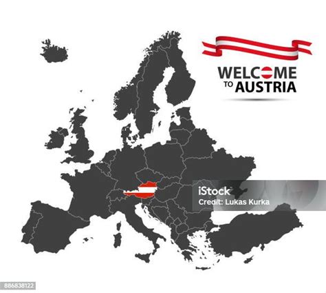벡터 일러스트 레이 션의 오스트리아 플래그 및 오스트리아 리본 흰색 배경에 고립 된 모양에서 오스트리아의 국가와 유럽의 지도 0명에 대한 스톡 벡터 아트 및 기타 이미지