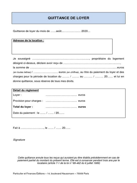 Modele Quittance Loyer Pdf