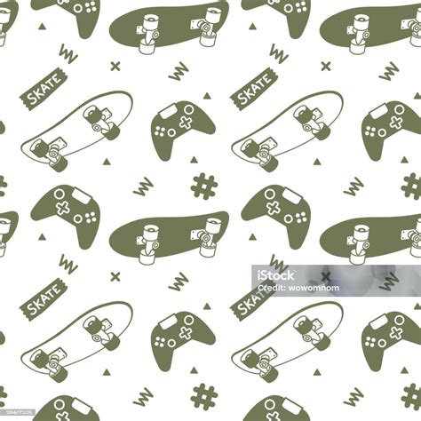 보드 게임 패드 및 단어의 벡터 일러스트레이션 카툰 스케이트보드가 있는 스케이트보딩 원활한 패턴 화이트 컬러 배경에 라인 아트 스타일 스케이트 Brand Name