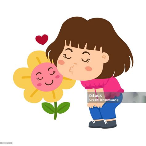 Gadis Cilik Mencium Ilustrasi Vektor Bunga Ilustrasi Stok Unduh