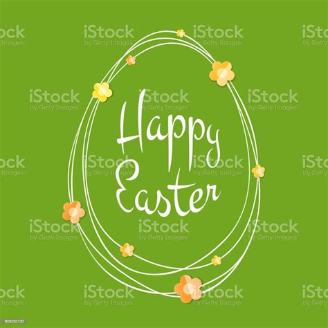 부활절 인사 카드입니다 그 낙서 라인 프레임입니다 화려한 종이 꽃 녹색 배경에 고립 된 서 예 글자 레트로 휴가 부활절 배지 종교 휴일 기호입니다 벡터 검은색에 대한 스톡